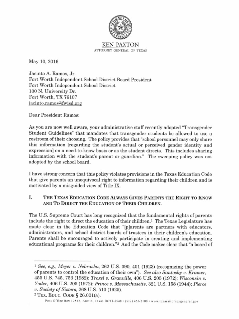 Texas AG Ken Paxton Letter To Fort Worth ISD President | PDF