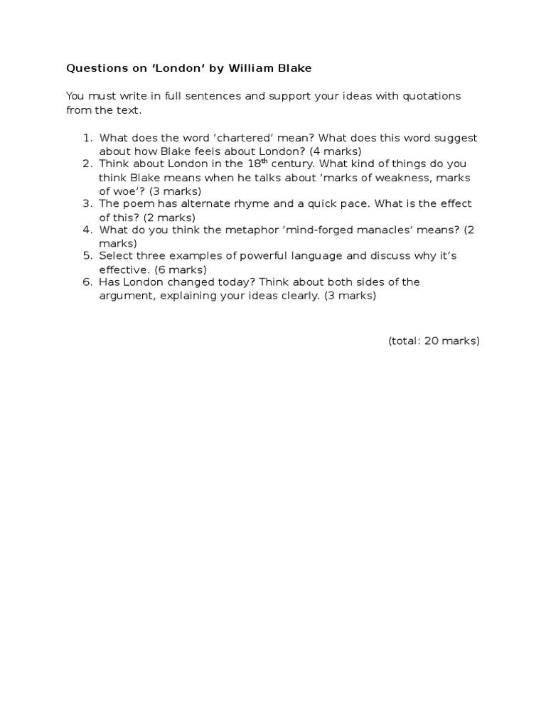 Questions on Blake's "London" Poem | PDF