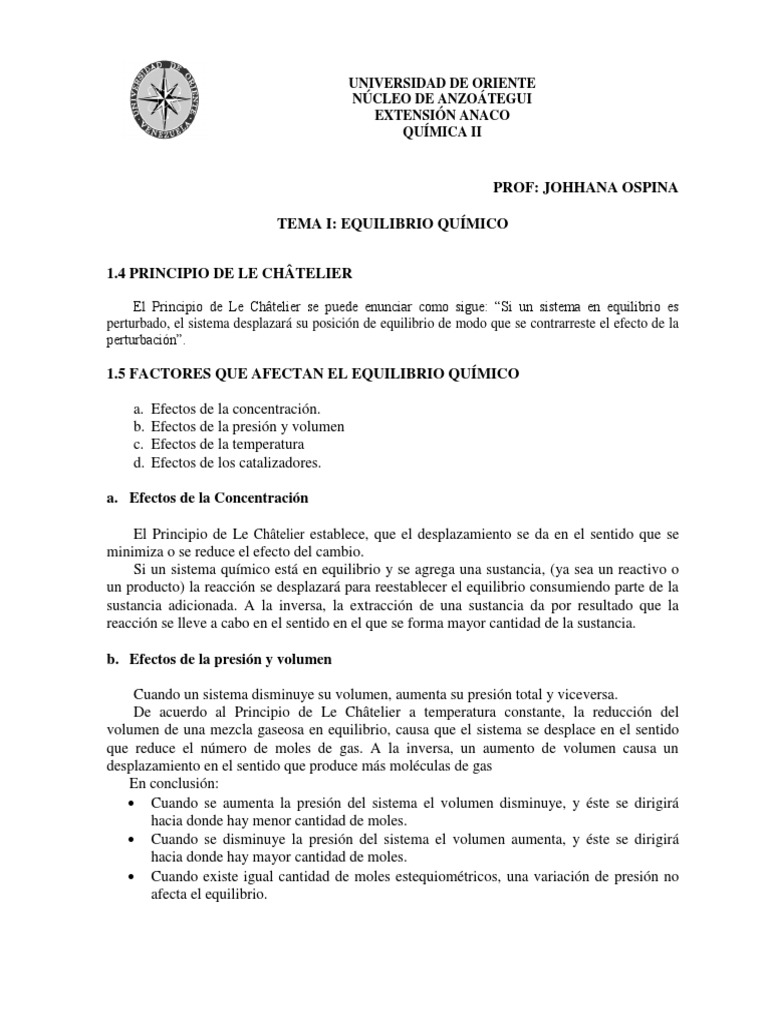 Guía Principio de LeChatelier | PDF | Equilibrio químico | Reacciones químicas