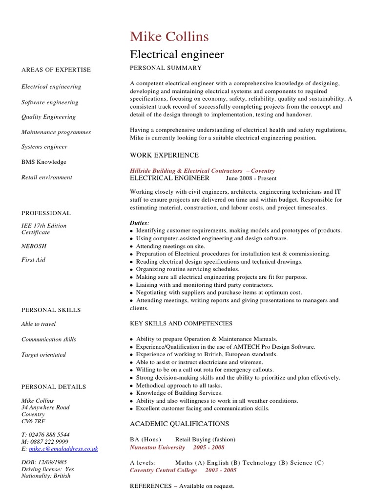 Electrical Engineer CV Template | PDF | Engineering | Specification ...