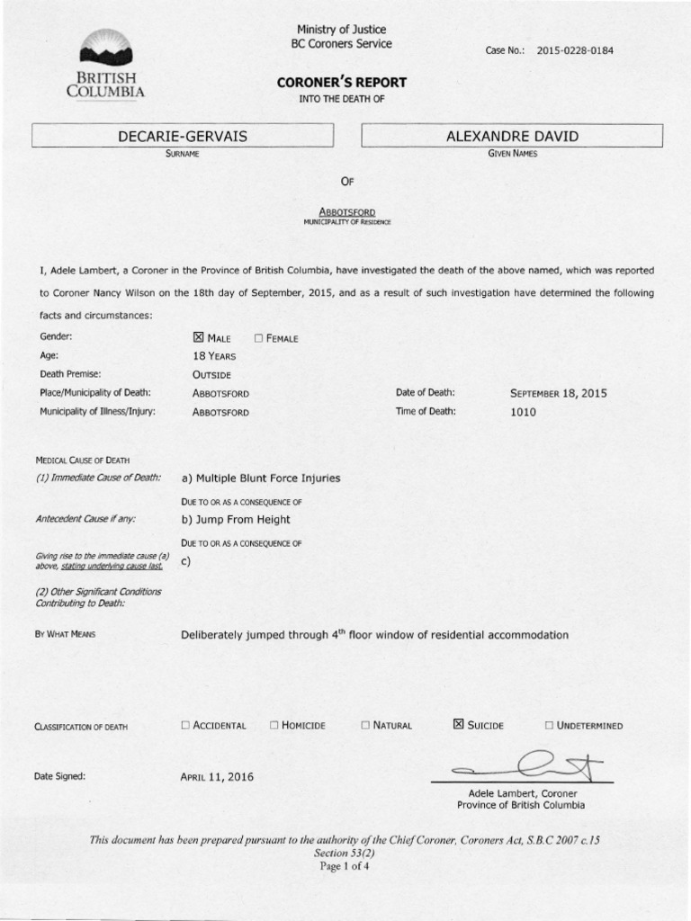 Coroner's Report: Alexandre Decarie-Gervais | PDF | Coroner | Autopsy
