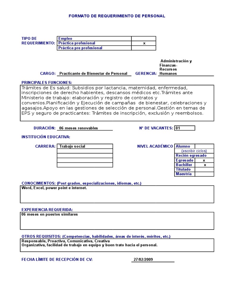 Formato de Requerimiento de Personal Recursos Humanos