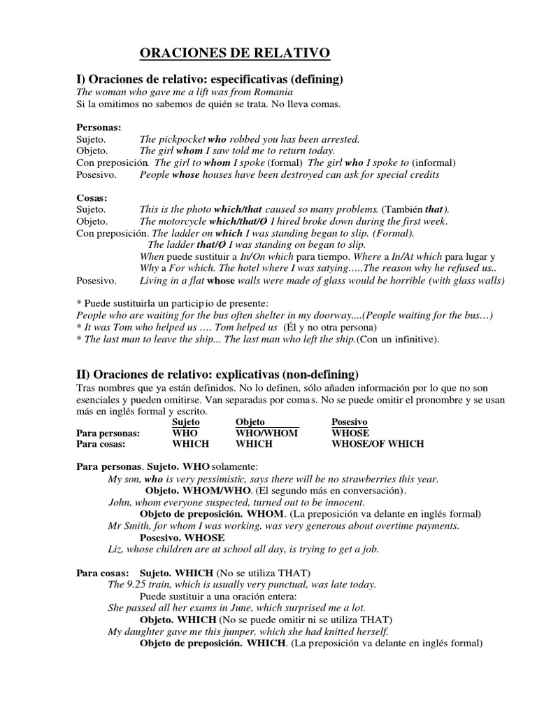 I) Oraciones de Relativo: Especificativas (Defining) | PDF