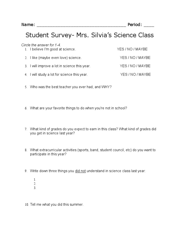 Student Survey-Mrs. Silvia's Science Class: Name: - Period | PDF
