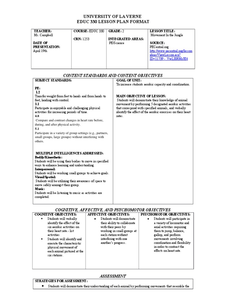 Locomotor Movement Lesson Plan | PDF | Educational Assessment | Lesson Plan