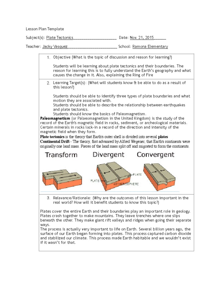 Lesson Plan Template-Plate Tectonics | PDF | Plate Tectonics | Earth