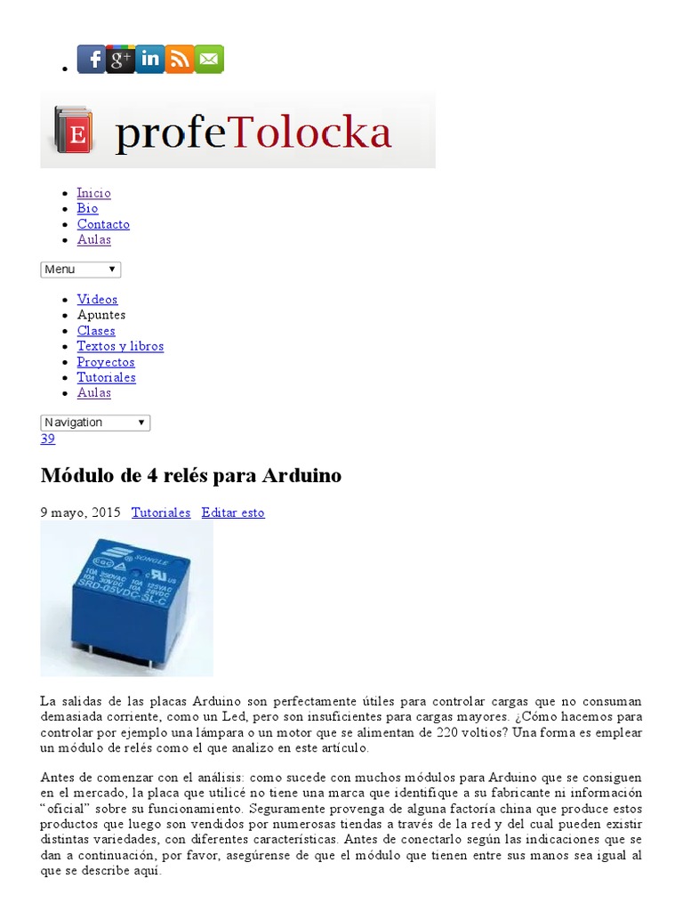 Módulo De 4 Relés Para Arduino Profe Tolocka Pdf Relé Arduino