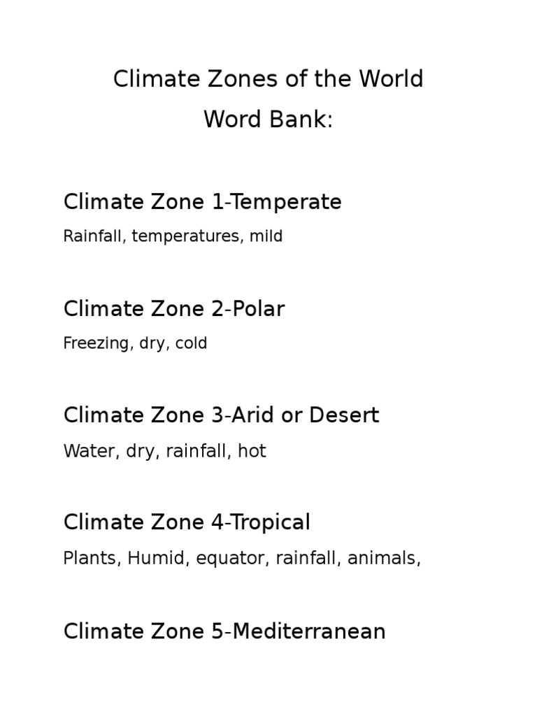 Climate Zones Word Bank | PDF