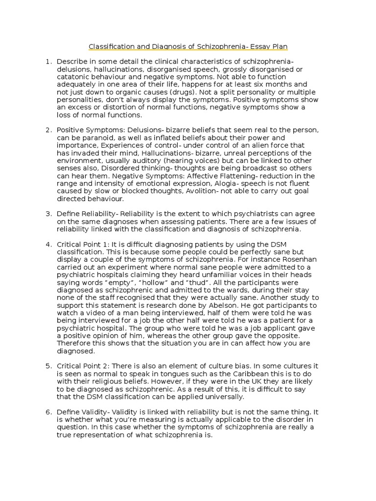 Classification and Diagnosis of Schizophrenia- Essay Plan ...