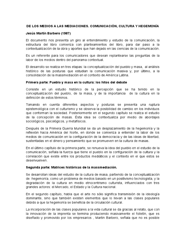De los medios a las mediaciones: Hacia una nueva concepción de la comunicación en América Latina ...