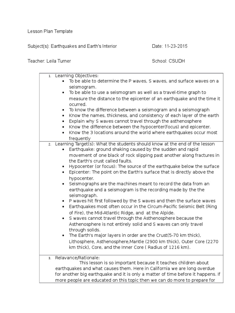 Earthquakes Lesson Plan | PDF | Earthquakes | Geophysics