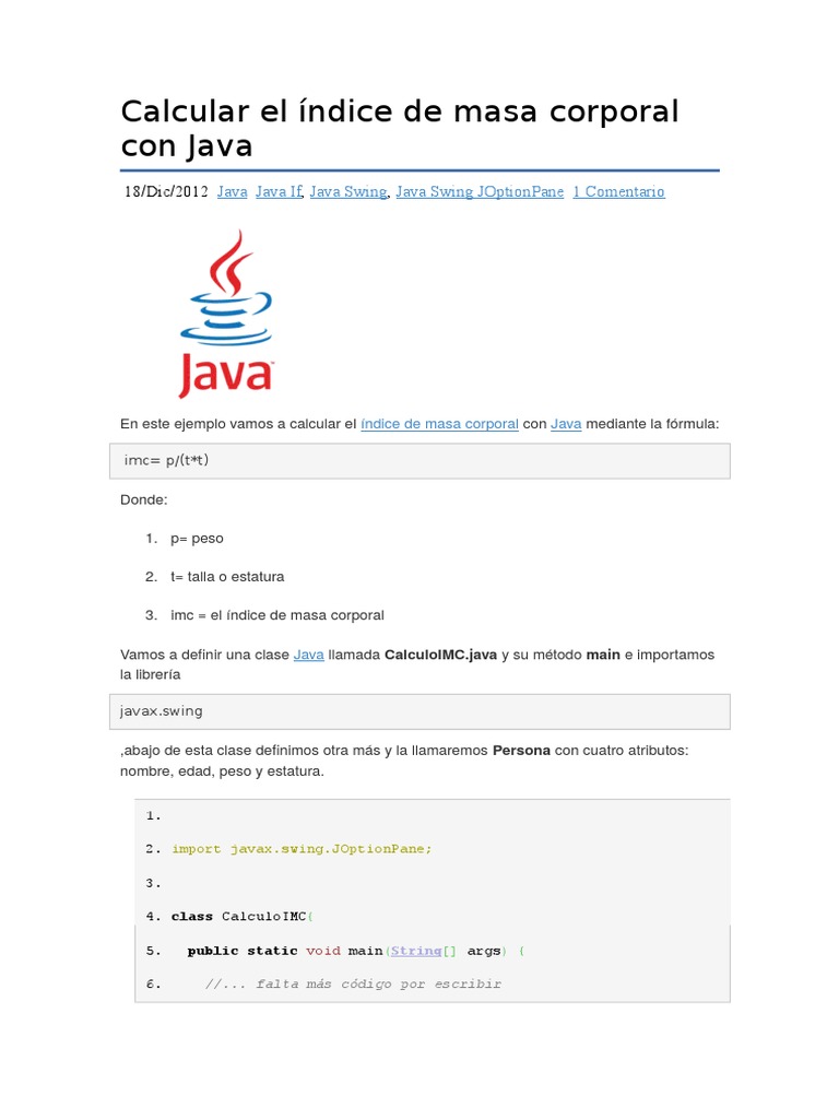 Calcular El Índice de Masa Corporal Con Java | Java (lenguaje de programación) | Índice de masa ...