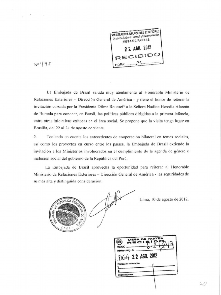 Nota Diplomática de Invitación A Nadine Heredia | PDF