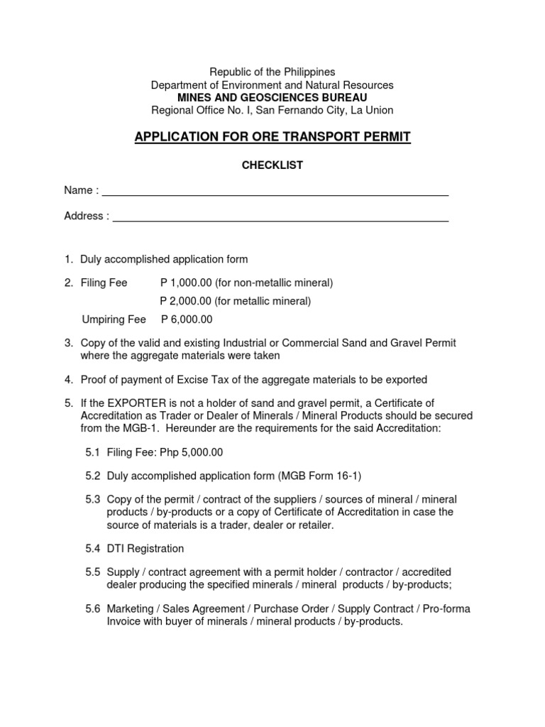 Application For Ore Transport Permit: Mines and Geosciences Bureau | PDF
