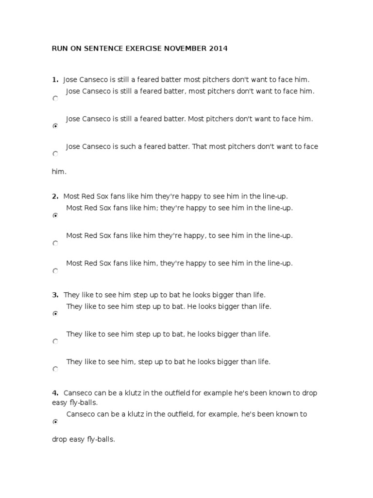 Run On Sentence Exercise November 2014 | PDF | Pitcher | Major League ...
