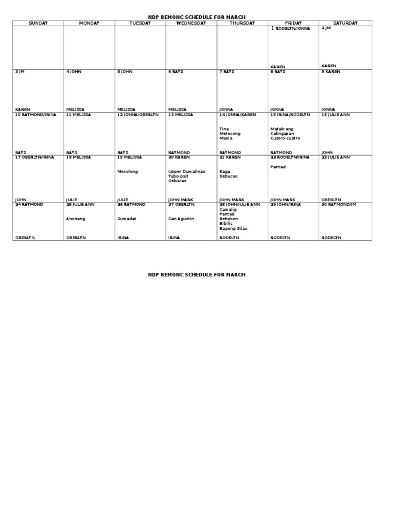 March NDP BEMONC Schedule | PDF