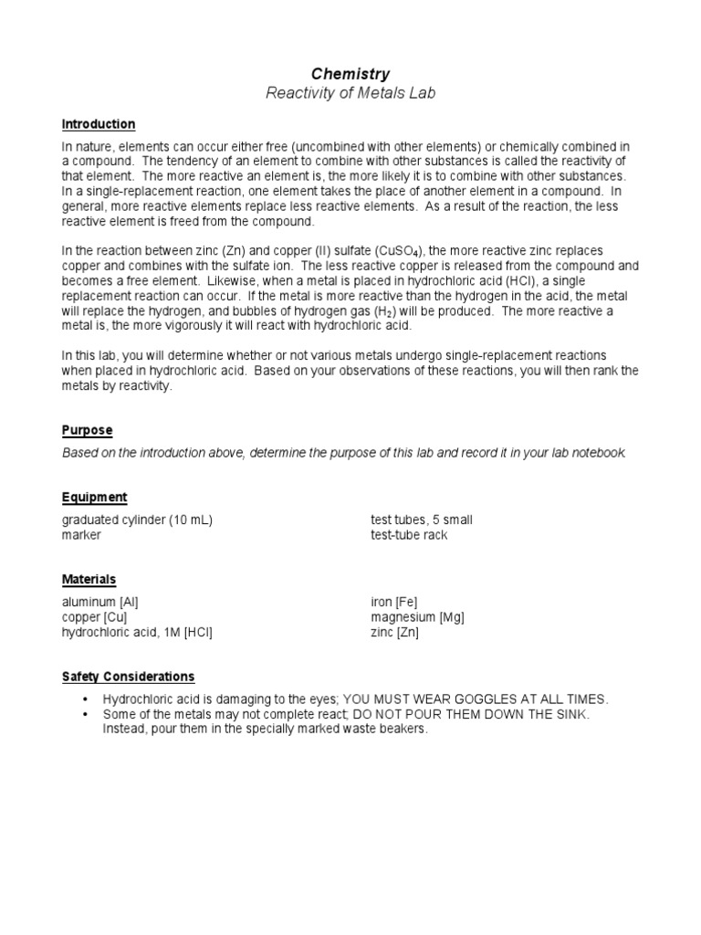 Reactivity of Metals Lab: Chemistry | PDF | Reactivity (Chemistry ...