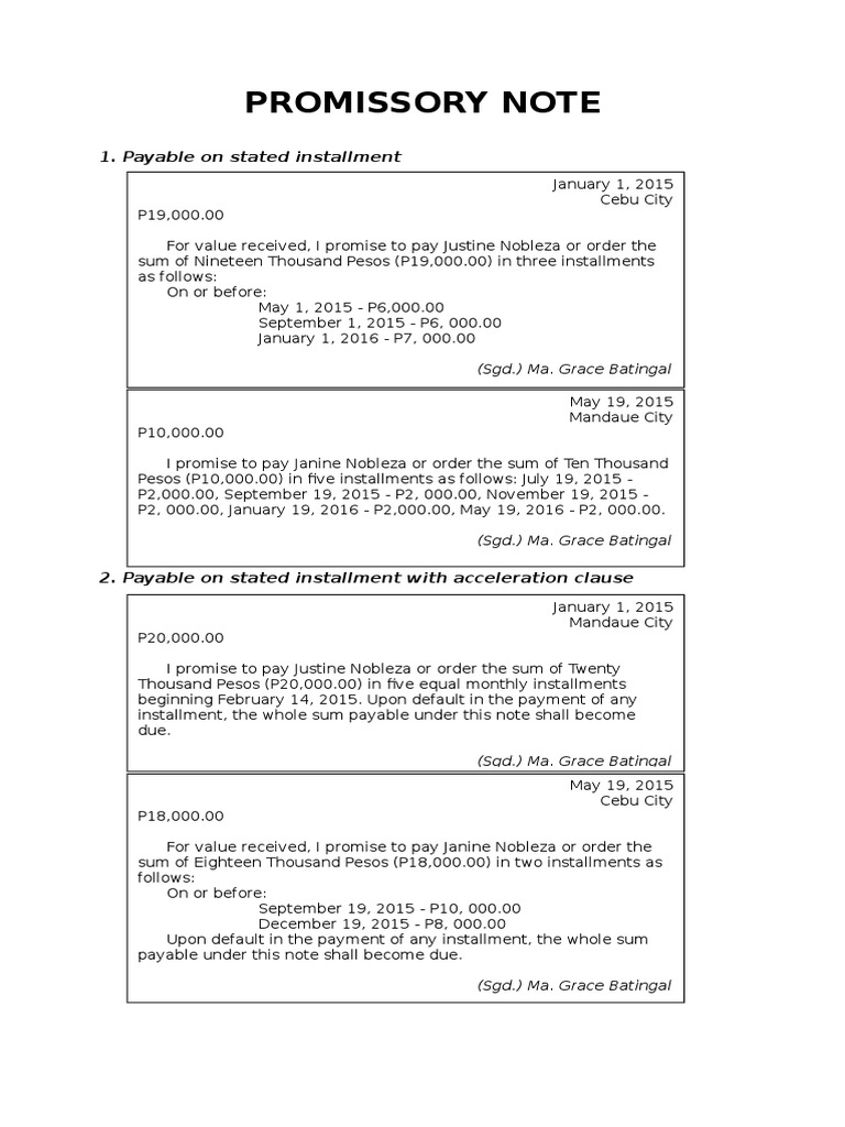 Promissory Note: 1. Payable On Stated Installment | PDF | Payments ...