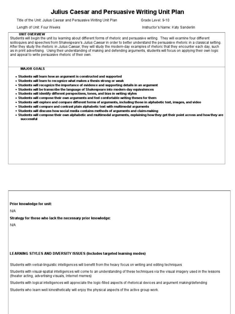 Julius Caesar and Persuasive Writing Unit Plan | PDF | Rhetoric ...