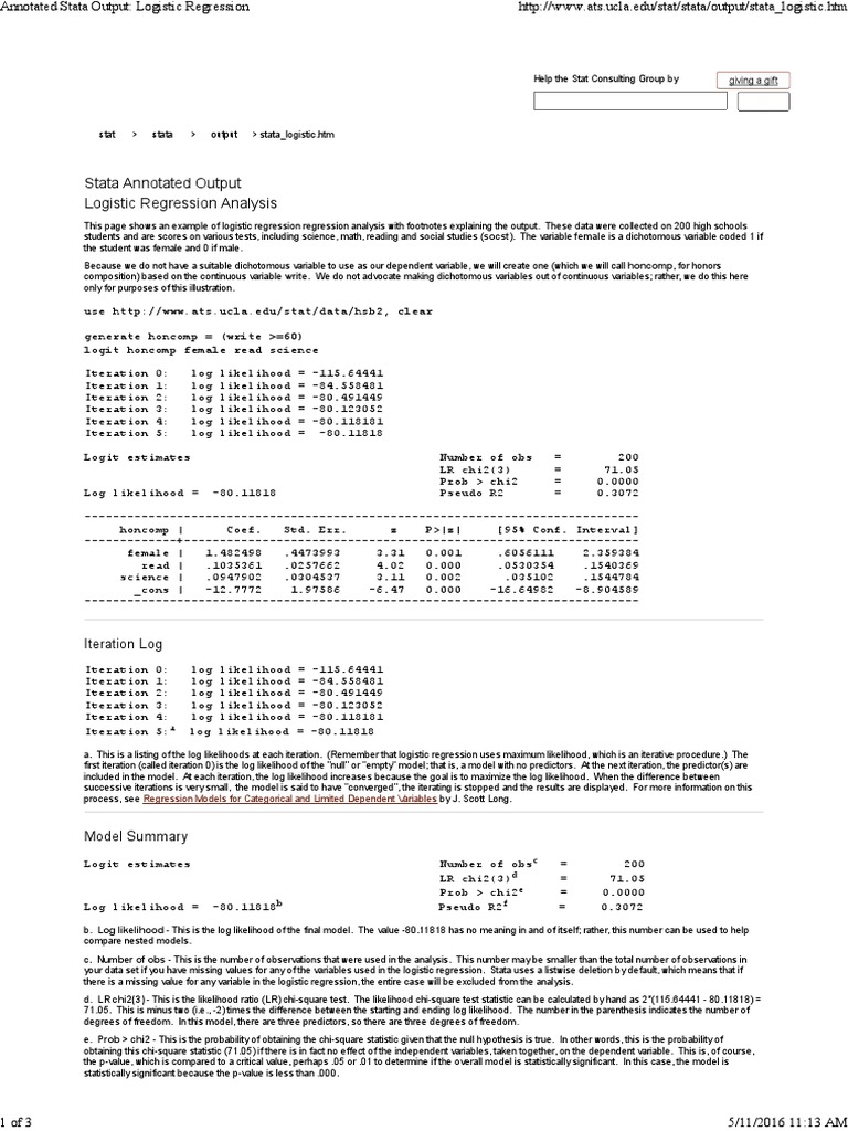 Annotated Stata Output - Logistic Regression | PDF | P Value | Logistic Regression