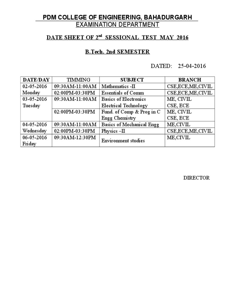 Date Sheet of Second Sessional Test May 2016 | PDF | Electrical ...