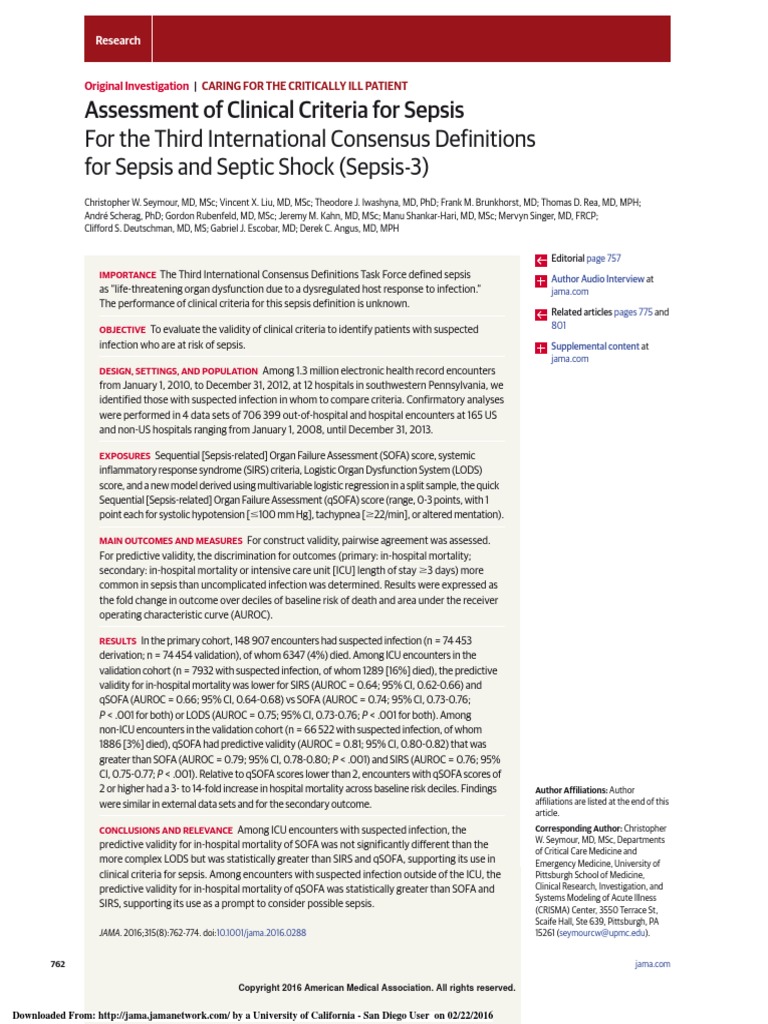 The Third International Consensus Definitions For Sepsis and Septic ...