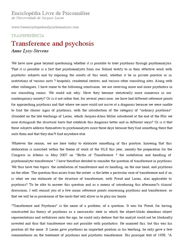 Transference in Psychosis: Lacan's Insights | PDF | Jacques Lacan ...