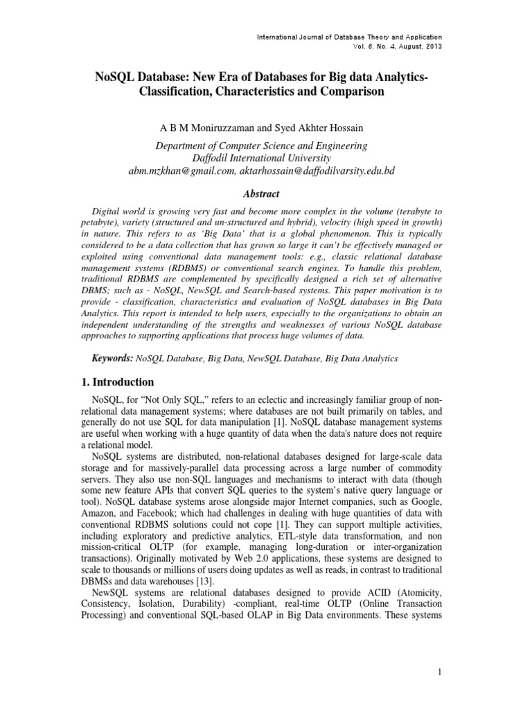 Nosql Database: New Era of Databases For Big Data Analytics-Classification, Characteristics and ...