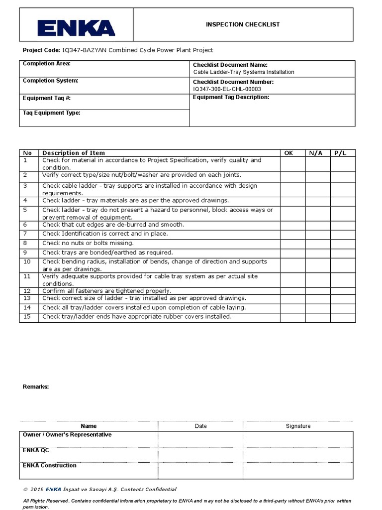 Cable Ladder Tray Installation Checklist | PDF