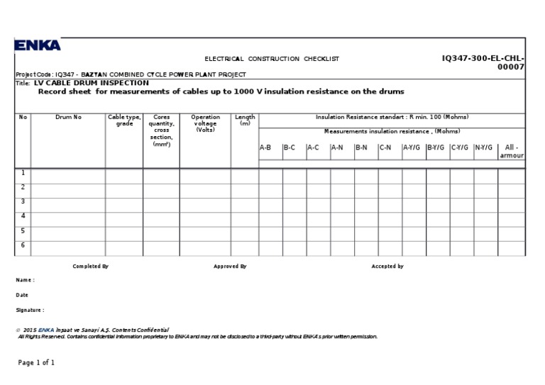 IQ347-300-EL-CHL-00007 LV Cable Drum Test Report Sheet | PDF
