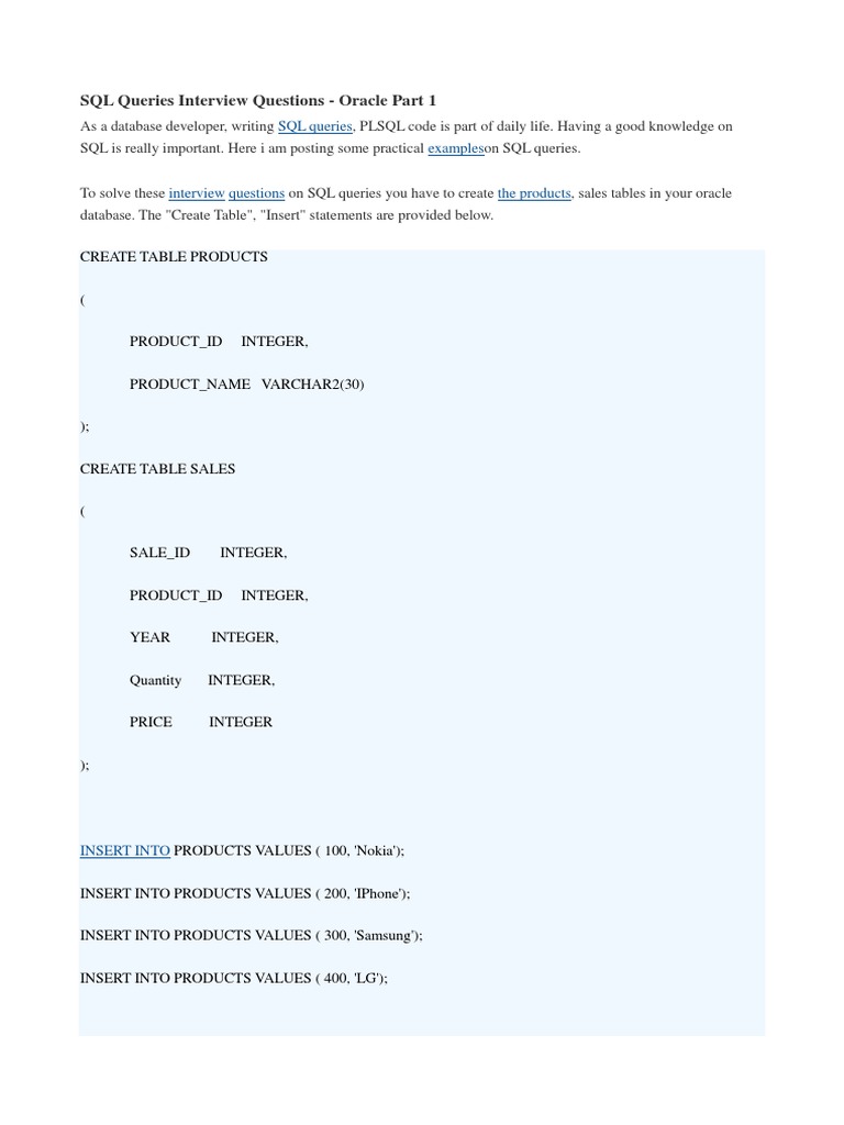 SQL Queries Interview Questions - Oracle Part 1 | PDF | Sql | Data ...