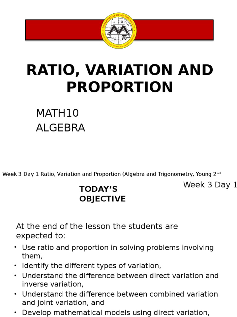 Ratio, Variation and Proportion: MATH10 Algebra | PDF | Ratio ...