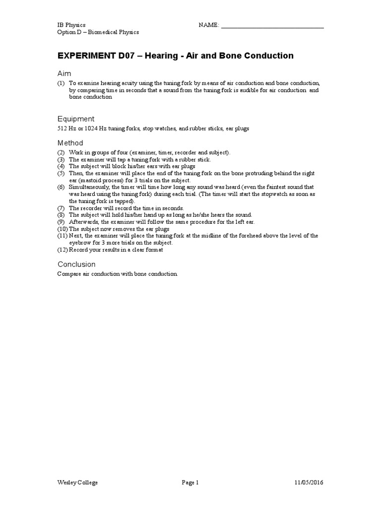 EXPERIMENT D07 - Hearing - Air and Bone Conduction | PDF