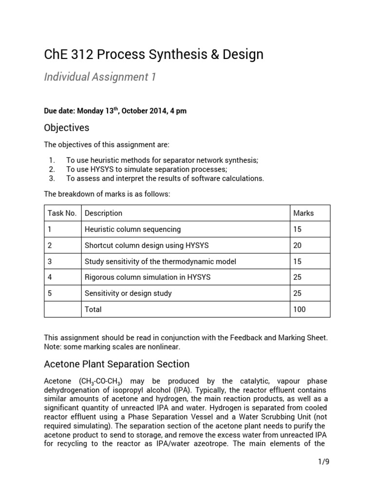 ChE312 Process Synthesis and Design Individual Assignment | PDF | Distillation | Chemical Reactor