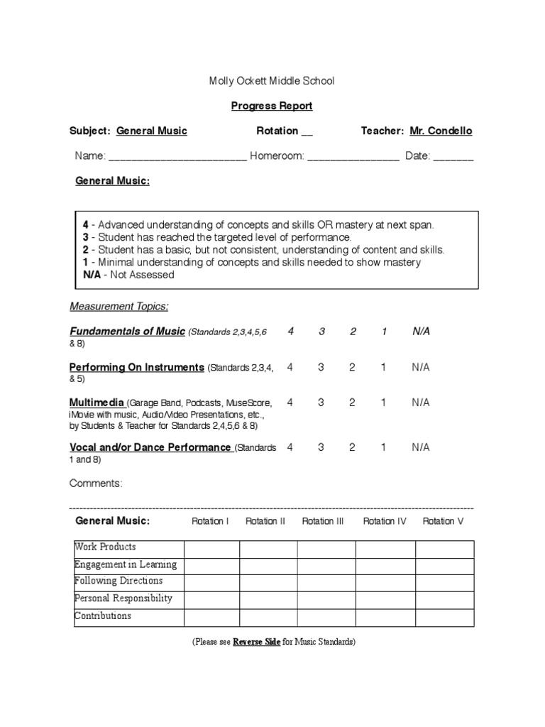 General Music Progress Report With Standards Pages 1 | PDF | Sound ...