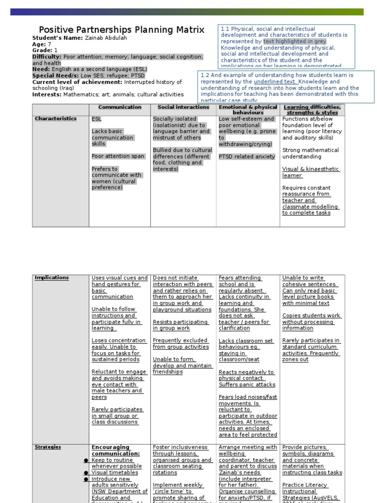 Positive Partnerships Planning Matrix | PDF | English As A Second Or ...