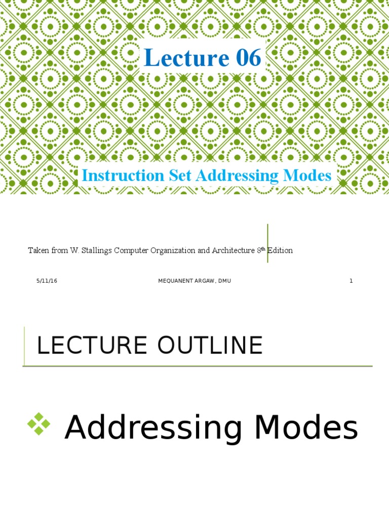 Instruction Set Addressing Modes: Taken From W. Stallings Computer Organization and Architecture ...