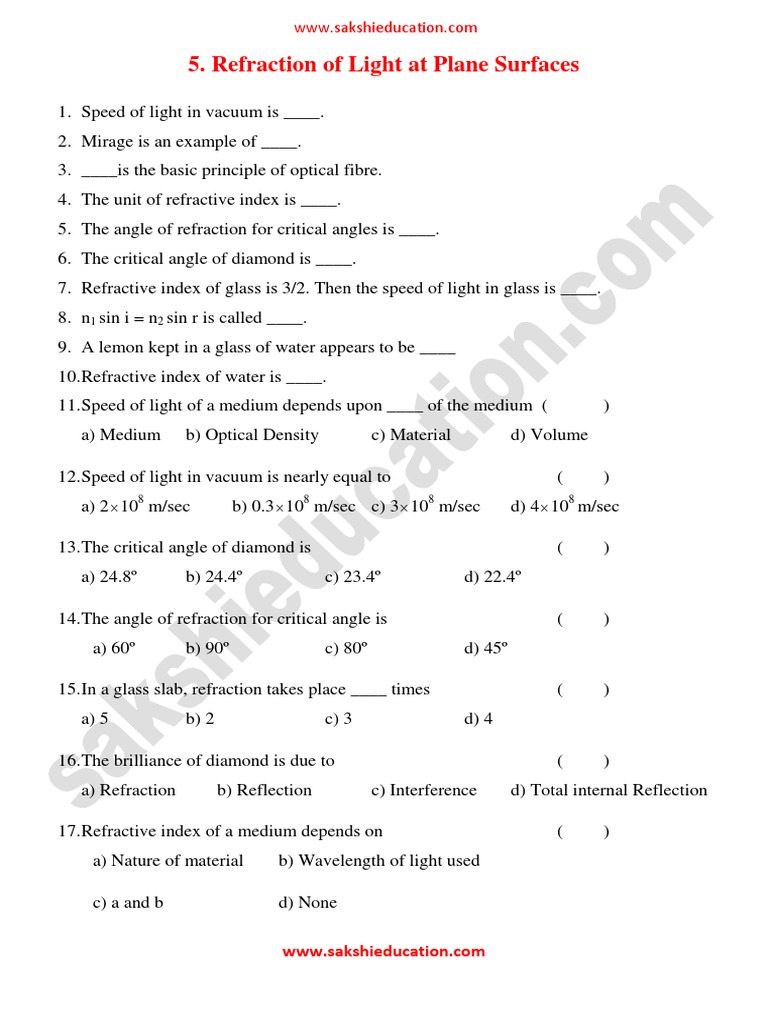 Refraction and Reflection of Light Quiz | PDF