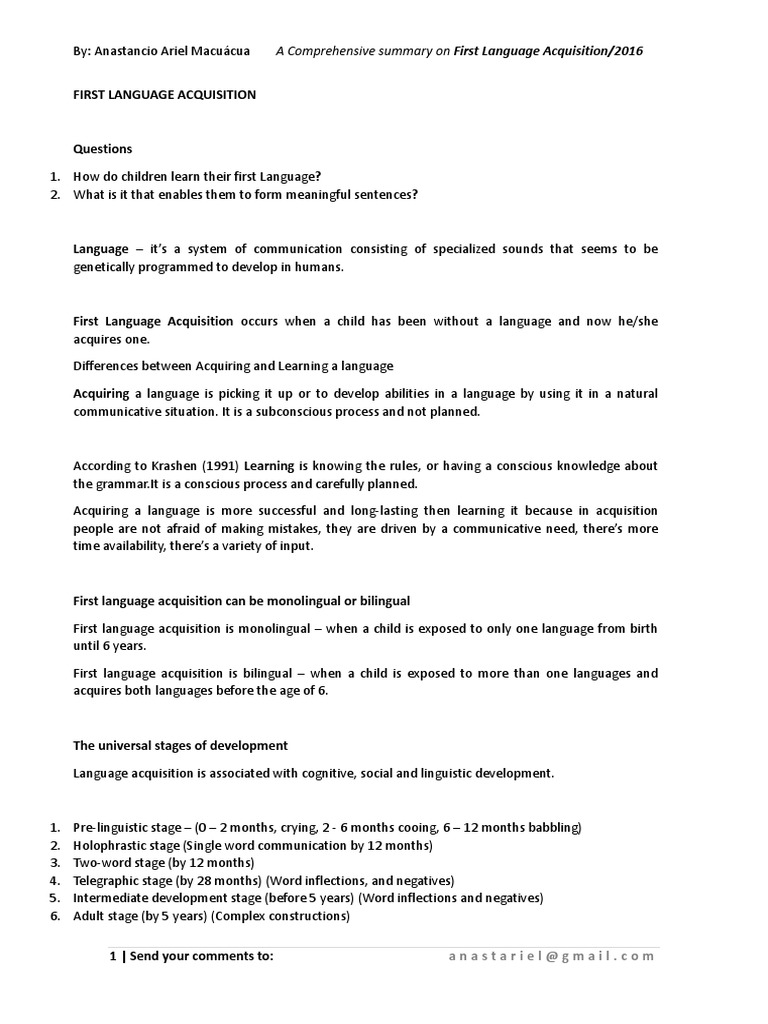 First Language Acquisition - A Comprehensive Summary | PDF | Language Acquisition ...