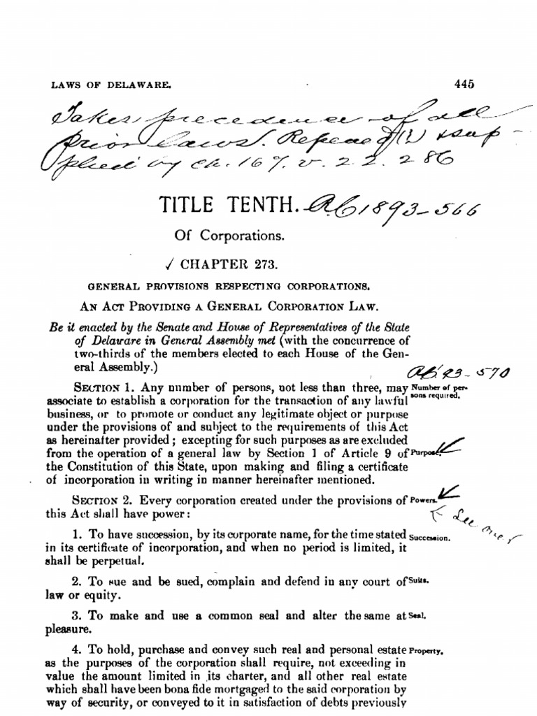 Delaware General Corporation Law of 1899 - 21 Del. Laws 273 | PDF ...