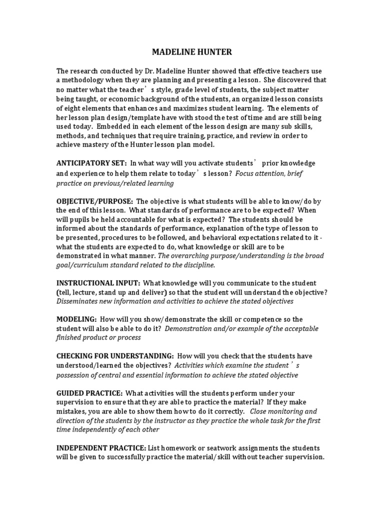 Madeline Hunter Lesson Plan Model | PDF | Lesson Plan | Action (Philosophy)