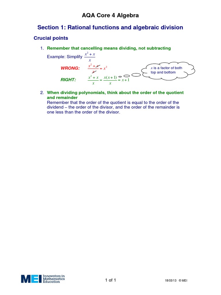 AQA Core 4 Algebra: Rational Functions Guide | PDF