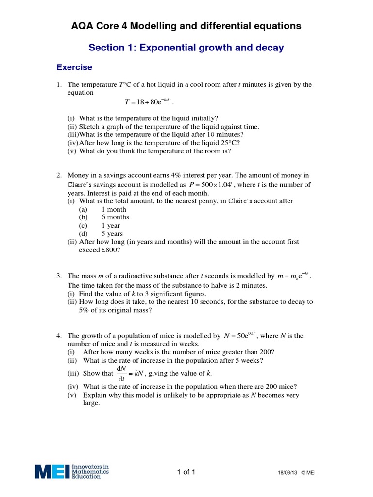 Exponential Growth & Decay Exercise PDF | PDF