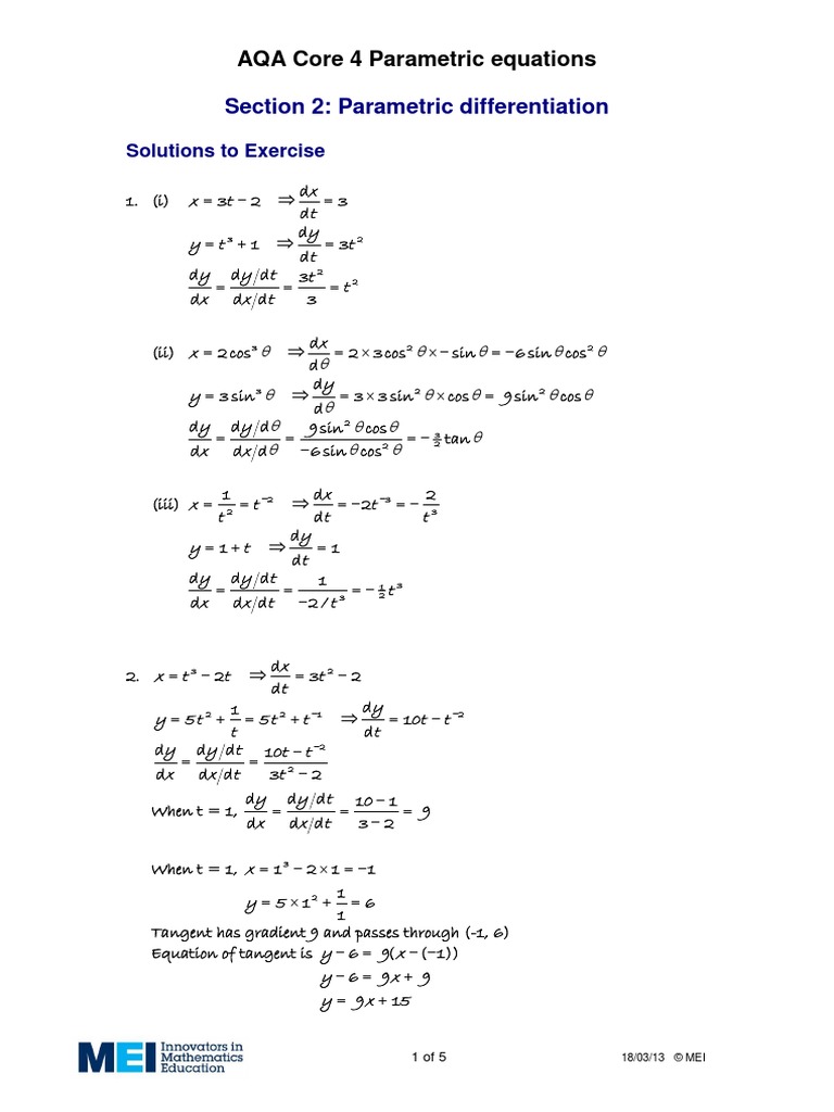 Parametric Differentiation - Solutions PDF | PDF | Slope | Tangent