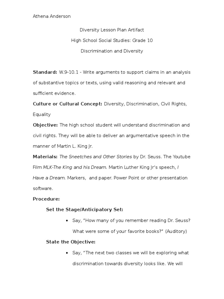 High School Diversity Lesson Plan | PDF | Martin Luther King Jr ...