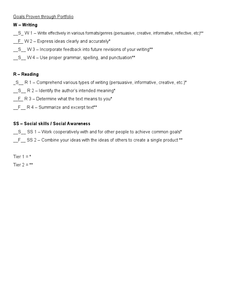 Writing, Reading, Social Skills Goals | PDF