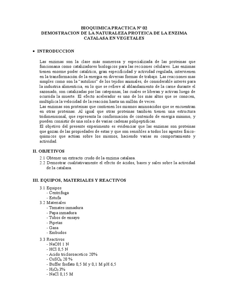 Demostración de la Enzima Catalasa en Vegetales | PDF | Enzima | Proteínas