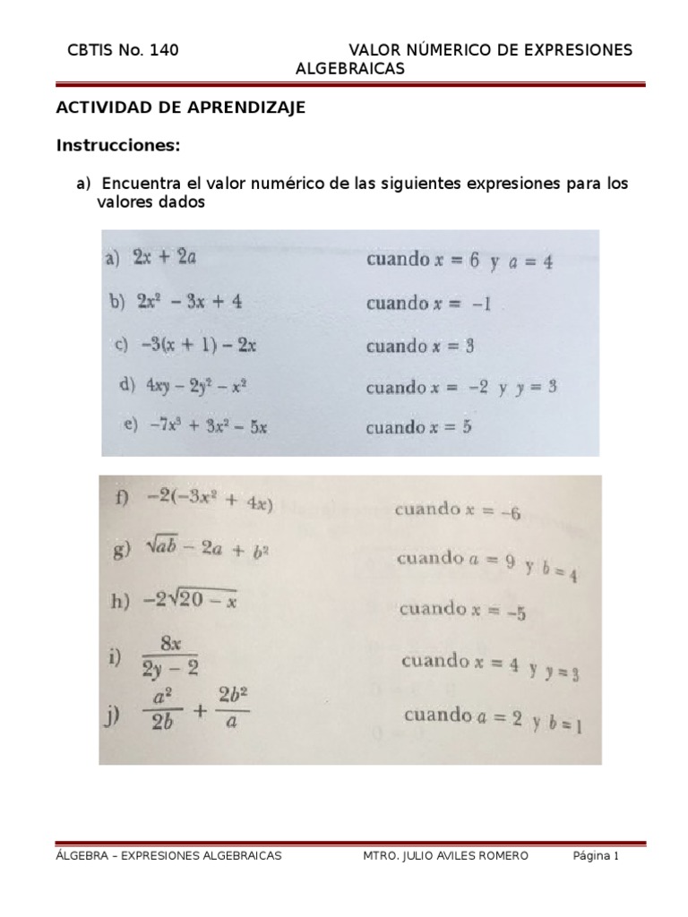 Actividad Aprendizaje Valor Numerico de Expresiones Algebraicas | PDF