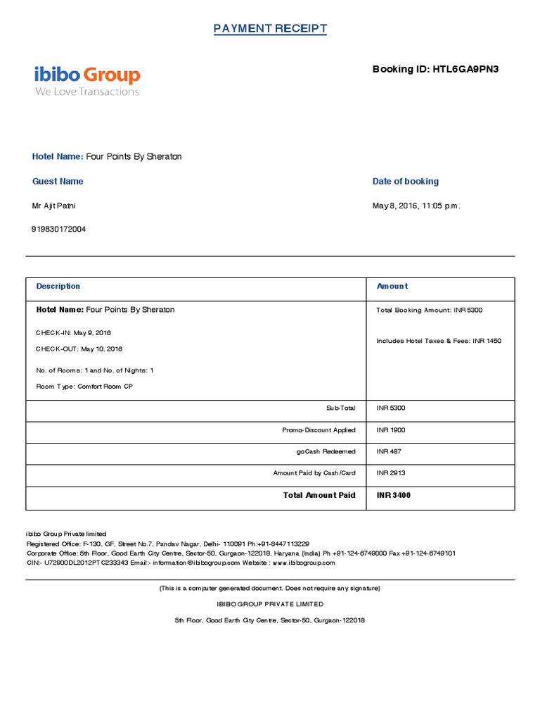 Payment Receipt: Four Points by Sheraton | PDF