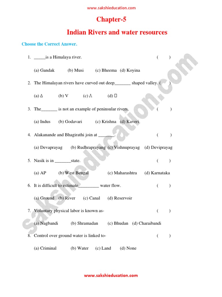 Chapter-5 Indian Rivers and Water Resources: Choose The Correct Answer ...